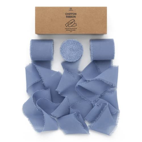 Vitalizart Dusty Blue Ribbon Chiffon Silk Ribbon 1.5" x 7Yd Handmade Fringe Ribbon for Gift Wrapping Wedding Invitations Bridal Shower Bouquets