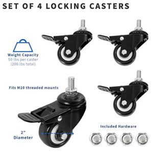 VIVO 2 inch M10 Threaded Locking Caster Wheels, Set of 4, Swivel, Rubber Base, Brake, Used for Standing Desk Frames, TV Stands, Carts, and More, PT-DK-020C