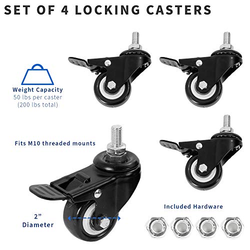 VIVO 2 inch M10 Threaded Locking Caster Wheels, Set of 4, Swivel, Rubber Base, Brake, Used for Standing Desk Frames, TV Stands, Carts, and More, PT-DK-020C