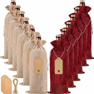 homum 12pcs premium burlap wine bags and 12pcs gift tags, reusable wine gift bags with drawstrings, wine bottle bags, wine bags for wedding, birthday, blind tastings, christmas, travel,party, home storage(6pcs burgundyred color& 6pcs burlap color)