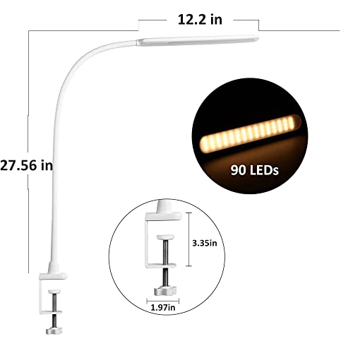 LED Desk Lamp with Clamp,Flexible Gooseneck Clamp Lamp,Dimmable,Touch Control 3 Color Modes,Eye-Care Table Light with Adjustable Arm,Architect Lamp for Home/ Office /Workbench/Reading Working White