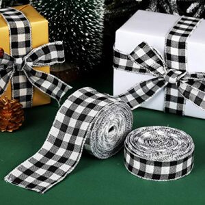 2 Rolls Buffalo Plaid Burlap Wired Ribbon Weave Ribbon with Wired Edge for Christmas Crafts Floral Bows Craft Decoration, 2.4 Inches by 315 Inches (Black and White Plaid)