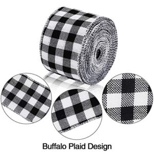 2 Rolls Buffalo Plaid Burlap Wired Ribbon Weave Ribbon with Wired Edge for Christmas Crafts Floral Bows Craft Decoration, 2.4 Inches by 315 Inches (Black and White Plaid)