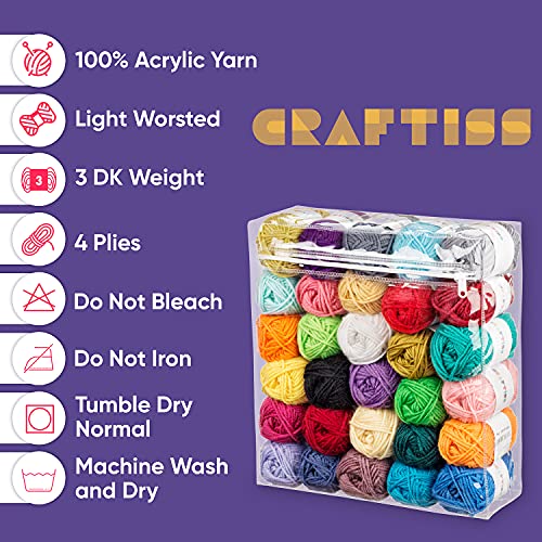 CRAFTISS 30x20g Acrylic Yarn Mini Skeins - 1300 Yards of Soft Yarn for Crocheting and Knitting Craft Project, Assorted Starter Crochet Kit Yarn Bulk for Adults and Kids