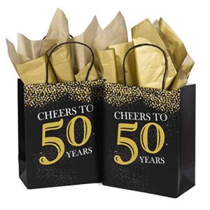 wrapaholic medium size gift bags – 12 pack cheers to 50 years black and gold glitter paper bags with gold tissue paper for birthday, party, anniversary, wedding – 8″ x 4″ x 10″