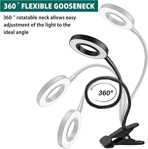 Foneso Desk Lamp Clip on Light, 48 LED USB Lamp with 3 Color Modes 10 Brightness Levels, 360° Flexible Gooseneck Eye Protection Bed Night Light for Reading, Makeup, Fill Light (Black)