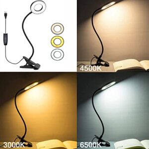 Foneso Desk Lamp Clip on Light, 48 LED USB Lamp with 3 Color Modes 10 Brightness Levels, 360° Flexible Gooseneck Eye Protection Bed Night Light for Reading, Makeup, Fill Light (Black)