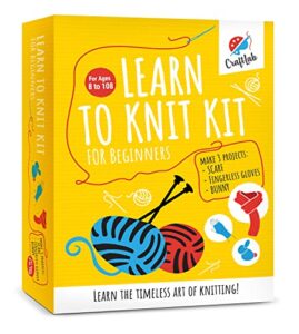 craftlab knitting kit for beginners, kids and adults includes all knitting supplies: wool yarn, wooden knitting needles, yarn needle and instructions – fantastic gift