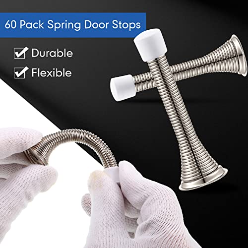 60 Pcs Spring Door Stopper Bulk 3-1/8" Wall Mounted Stainless Steel Spring Door Stops Heavy Duty Flexible Door Stopper with Rubber Bumper Tips Screw in Door Stoppers Wall Protector for Office Home