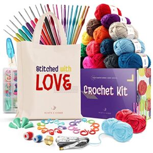 73 piece crochet kit with crochet hooks yarn set – premium bundle includes yarn balls, needles, accessories kit, canvas tote bag and lot more – starter pack for kids adults – beginner, professionals.