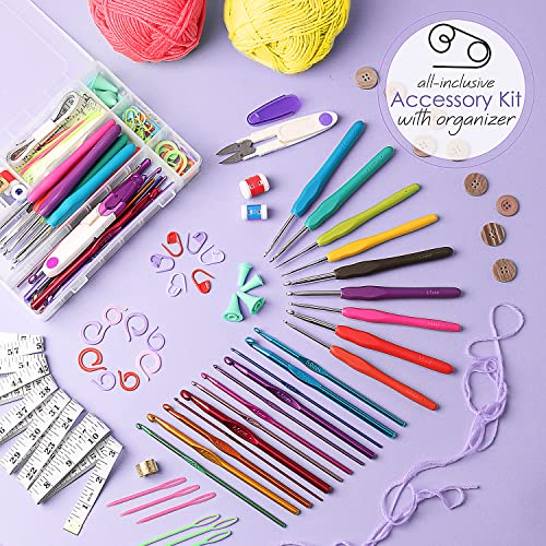 73 Piece Crochet Kit with Crochet Hooks Yarn Set - Premium Bundle Includes Yarn Balls, Needles, Accessories Kit, Canvas Tote Bag and Lot More - Starter Pack for Kids Adults – Beginner, Professionals.