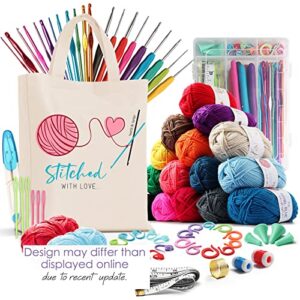 73 Piece Crochet Kit with Crochet Hooks Yarn Set - Premium Bundle Includes Yarn Balls, Needles, Accessories Kit, Canvas Tote Bag and Lot More - Starter Pack for Kids Adults – Beginner, Professionals.