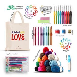 73 Piece Crochet Kit with Crochet Hooks Yarn Set - Premium Bundle Includes Yarn Balls, Needles, Accessories Kit, Canvas Tote Bag and Lot More - Starter Pack for Kids Adults – Beginner, Professionals.