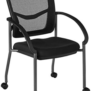 Office Star ProGrid Deluxe Stackable Visitor's Chair with Breathable Back and Padded Lumbar Support Seat, with Rolling Casters, Coal FreeFlex