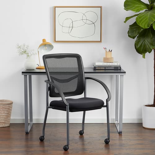 Office Star ProGrid Deluxe Stackable Visitor's Chair with Breathable Back and Padded Lumbar Support Seat, with Rolling Casters, Coal FreeFlex