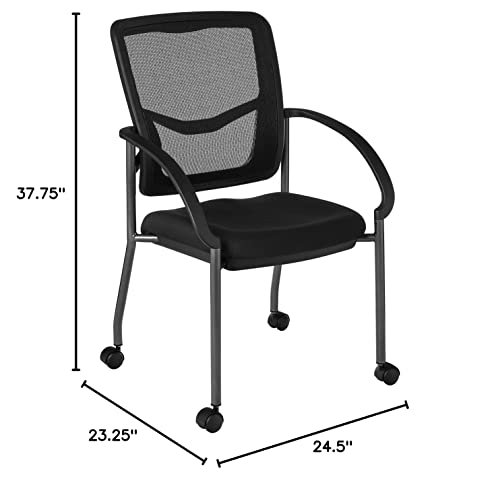 Office Star ProGrid Deluxe Stackable Visitor's Chair with Breathable Back and Padded Lumbar Support Seat, with Rolling Casters, Coal FreeFlex