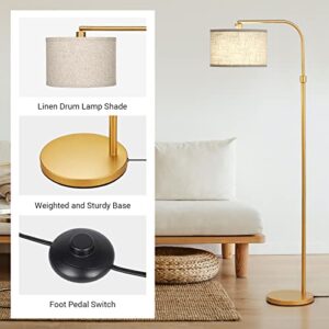 EDISHINE Modern Arched Floor Lamp, Arc Standing Tall Lamp with Adjustable Linen Lampshade, Corner Reading Light for Living Room, Bedroom, Office, 62" (Gold)