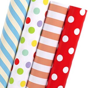 WRAPAHOLIC Wrapping Paper Roll - Stripes and Polka Dots Print with Cut Lines for Birthday, Holiday, Baby Shower - 4 Rolls - 30 inch X 120 inch Per Roll