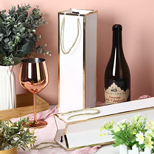 50 Pack Wine Bags Wine Bottles Gift Bags with Handles 13.8x3.8x3.8 Inch Reusable Liquor Bags with Gold Foil Print Kraft Bags Paper Wine Bottle Bag Gift for Birthday Party Wedding Bridal Shower (White)