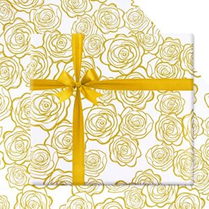 wedding wrapping paper, 7 sheets golden rose pattern in white art paper with 1 roll gold ribbon, 20 x 28 inch per sheet folded flat gift wrap for weddings, birthday, baby showers, bridal showers