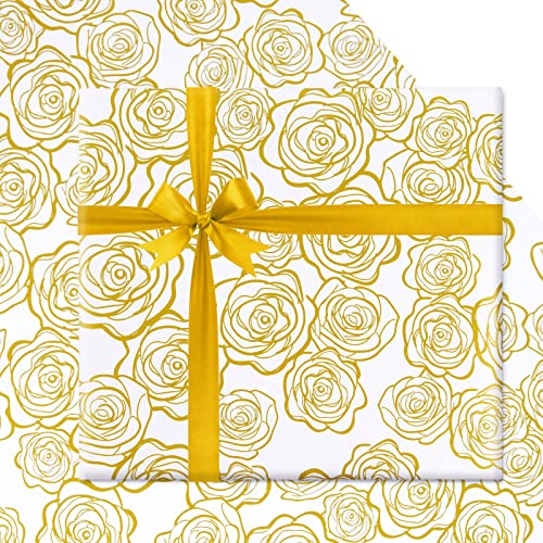 Wedding Wrapping Paper, 7 Sheets Golden Rose Pattern in White Art Paper with 1 Roll Gold Ribbon, 20 x 28 inch Per Sheet Folded Flat Gift Wrap for Weddings, Birthday, Baby Showers, Bridal Showers