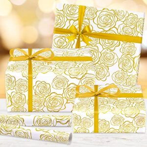 Wedding Wrapping Paper, 7 Sheets Golden Rose Pattern in White Art Paper with 1 Roll Gold Ribbon, 20 x 28 inch Per Sheet Folded Flat Gift Wrap for Weddings, Birthday, Baby Showers, Bridal Showers