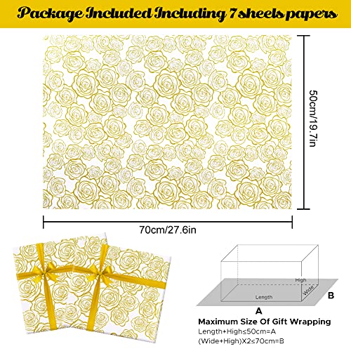 Wedding Wrapping Paper, 7 Sheets Golden Rose Pattern in White Art Paper with 1 Roll Gold Ribbon, 20 x 28 inch Per Sheet Folded Flat Gift Wrap for Weddings, Birthday, Baby Showers, Bridal Showers