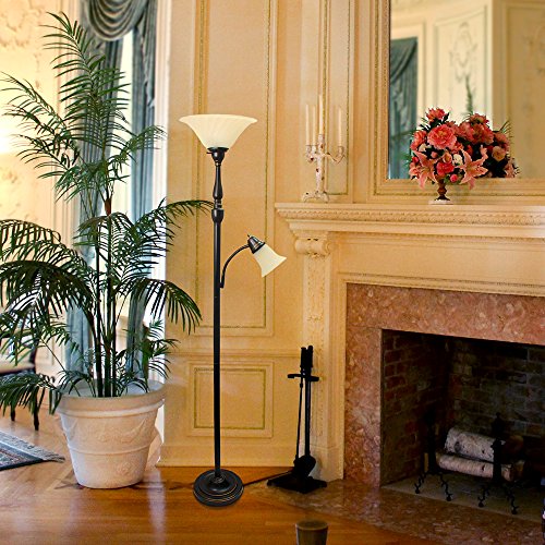 Elegant Designs LF2003-RBZ 2 Light Mother Daughter Floor Lamp with White Marble Glass,Restoration Bronze