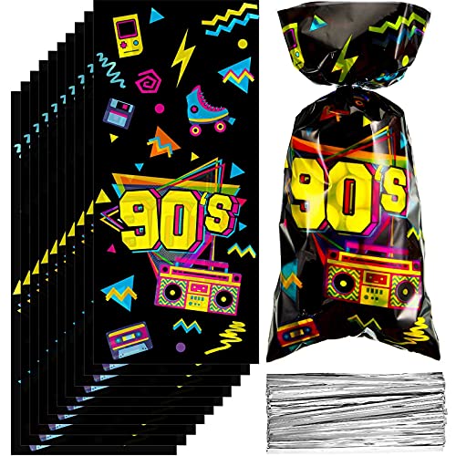 100 Pieces 90s Party Treat Bags 90s Candy Bags Neon Retro 1990s Birthday Cellophane Plastic Goodie Bags with 100 Silver Twist Ties for 90s Theme Party Supplies