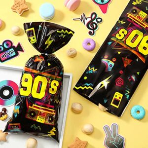 100 Pieces 90s Party Treat Bags 90s Candy Bags Neon Retro 1990s Birthday Cellophane Plastic Goodie Bags with 100 Silver Twist Ties for 90s Theme Party Supplies