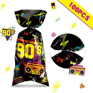 100 Pieces 90s Party Treat Bags 90s Candy Bags Neon Retro 1990s Birthday Cellophane Plastic Goodie Bags with 100 Silver Twist Ties for 90s Theme Party Supplies