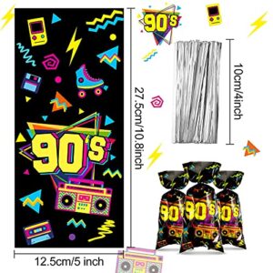 100 Pieces 90s Party Treat Bags 90s Candy Bags Neon Retro 1990s Birthday Cellophane Plastic Goodie Bags with 100 Silver Twist Ties for 90s Theme Party Supplies