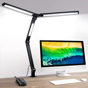 led desk lamp with clamp, three light sources desk lamps for home office, led desk light swing arm, control box, dimmable 4 color modes, 4 brightness, eye-caring clip on lamp for workbench studio, 20w