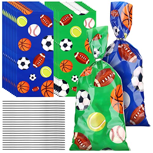 100 Pieces Sport Party Treat Bags Baseball Cellophane Bags Soccer Football Basketball Goodie Bags Sports Treat Bags with 150 Pieces Silver Twist Ties for Birthday Sport Party Favor Supplies