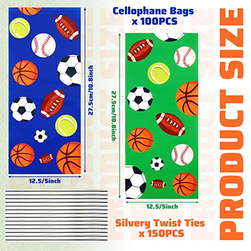 100 Pieces Sport Party Treat Bags Baseball Cellophane Bags Soccer Football Basketball Goodie Bags Sports Treat Bags with 150 Pieces Silver Twist Ties for Birthday Sport Party Favor Supplies