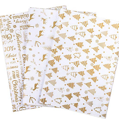 Whaline Christmas Gold Gift Tissue Wrap Paper Set, 120 Sheets Xmas Tree, Reindeer, Snowflake Design for Holiday Wrapping Paper DIY and Craft, 14" x 20"