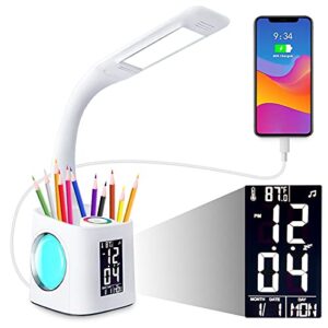 study led desk lamp with usb charging port, kids dimmable led table lamp with clock and pen holder, home office, college student dormitory, reading eye protection desk lamp, color night light,10w