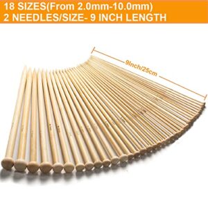 36PCS Bamboo Knitting Needles Set, BetyBedy Single Pointed Knitting Needles, 9 Inches Length Knitting Crochet Supplies for Beginners Handmade (18 Sizes from 2.0mm-10.0mm)