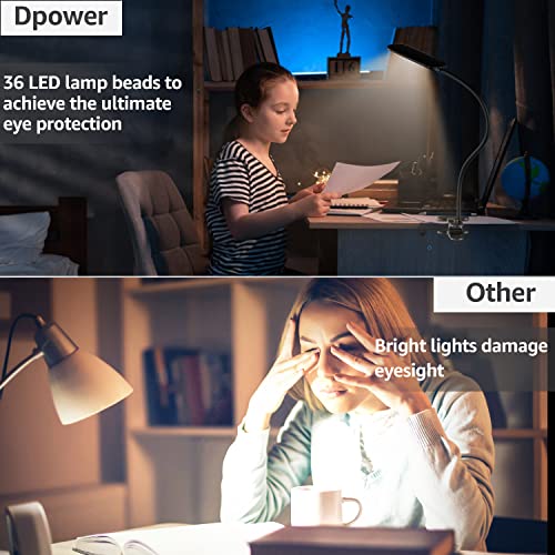 Dpower Desk Lamp with Clamp, 8W Clip on Light with 3 Lighting Modes, 10 Brightness Level, Eye-Caring Reading Lamp, Flexible Gooseneck Clamp Lamp, USB Desk Light for Bed Headboard Home Office Workbench