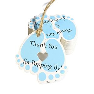 50 pcs thank you baby shower tags with string, thank you for coming baby feet blue tag for boy birthday party favors decorations with hole (blue b)