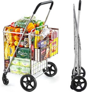 wellmax shopping cart with wheels, metal grocery cart with wheels, shopping carts for groceries, folding cart for convenient storage and holds up to 66lbs, dual swivel wheels and extra basket, silver