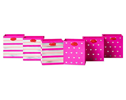 Papyrus 5" Small Gift Bags (Pink Stripes and Hearts) for Birthdays, Bridal Showers, Baby Showers and All Occasions (6 Bags)