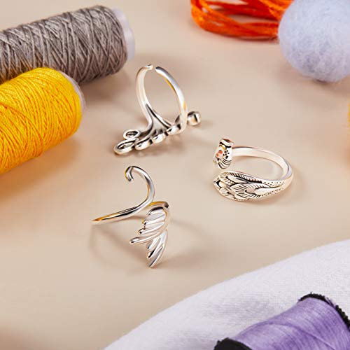 6 Pieces Adjustable Knitting Crochet Loop Ring Knitting Accessories Braided Knitting Ring Yarn Guide Finger Holder Open Finger Ring for Mother Grandma Thanksgiving Presents, 3 Styles (Silver)