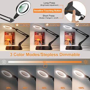 NAKOOS Magnifying Glass with Light and Stand, 8X Real Glass 2-in-1 Magnifying Desk Lamp & Clamp, Touch Control 3 Modes Stepless Dimmable LED Lighted Magnifier for Crafting Repair DIY Hobby Close Work