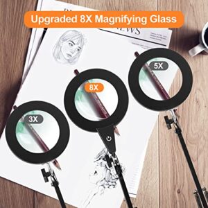 NAKOOS Magnifying Glass with Light and Stand, 8X Real Glass 2-in-1 Magnifying Desk Lamp & Clamp, Touch Control 3 Modes Stepless Dimmable LED Lighted Magnifier for Crafting Repair DIY Hobby Close Work