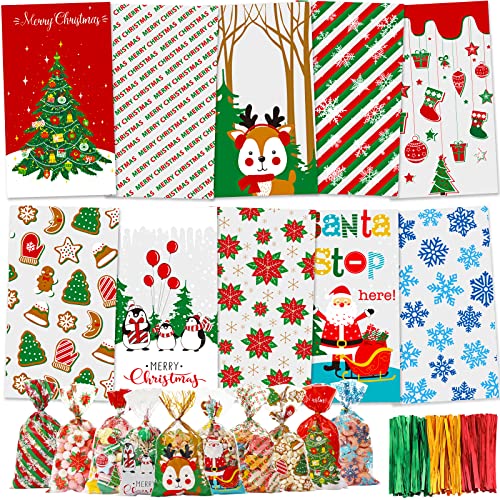 Moretoes 170pcs Christmas Candy Treat Bags, Christmas Cellophane Bags for Christmas Party Goodie Supplies 10 Assorted Styles Santa Sleigh Pattern with 180pcs Twist Ties