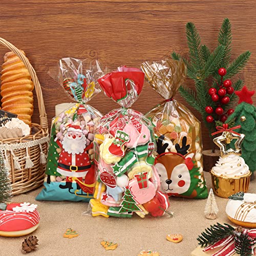 Moretoes 170pcs Christmas Candy Treat Bags, Christmas Cellophane Bags for Christmas Party Goodie Supplies 10 Assorted Styles Santa Sleigh Pattern with 180pcs Twist Ties