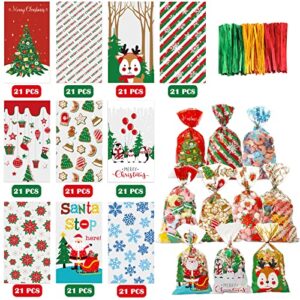 Moretoes 170pcs Christmas Candy Treat Bags, Christmas Cellophane Bags for Christmas Party Goodie Supplies 10 Assorted Styles Santa Sleigh Pattern with 180pcs Twist Ties