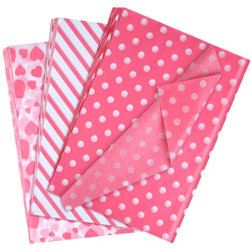 MIAHART 90 Sheets Valentine Day Gift Wrapping Tissue Paper Birthday, Tissue Paper for Home, Kitchen, DIY Crafts, Wrapping Accessory(Heart, Dot, Stripe） (Pink)