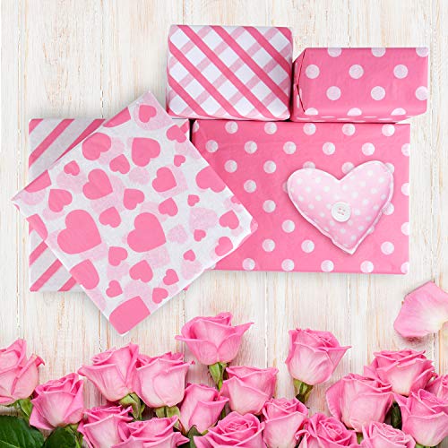 MIAHART 90 Sheets Valentine Day Gift Wrapping Tissue Paper Birthday, Tissue Paper for Home, Kitchen, DIY Crafts, Wrapping Accessory(Heart, Dot, Stripe） (Pink)